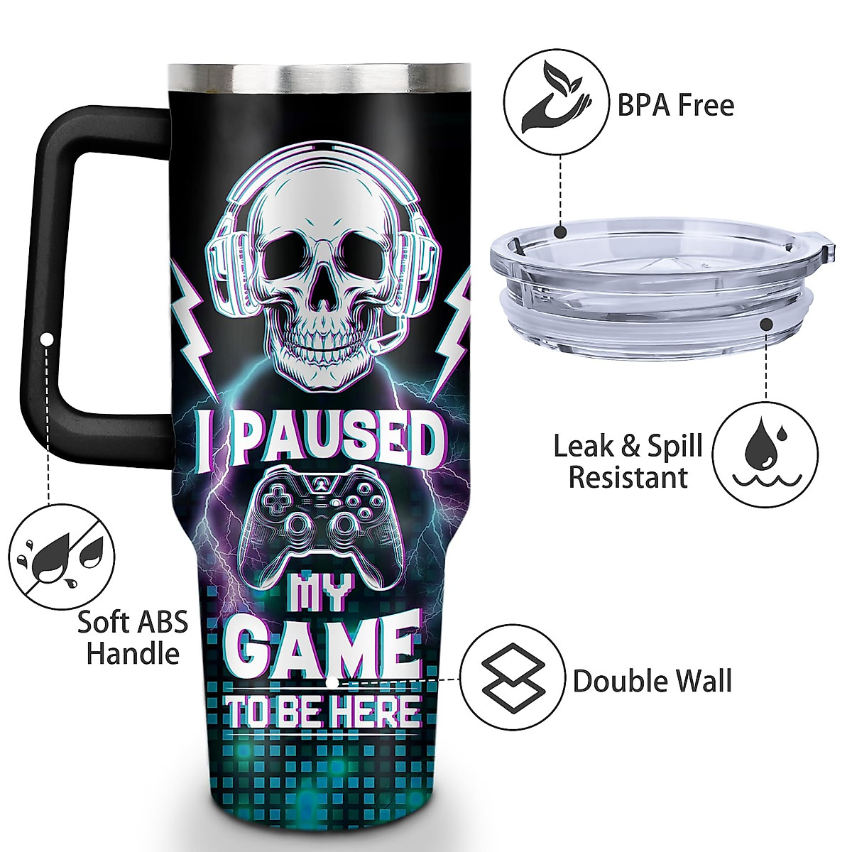 thmasamwr Game Tumbler with Lid and Straw, 40oz Gamer Water Bottle Cup with Handle, Gaming Travel Coffee Mugs, Birthday Gifts for Gamer Men Boys