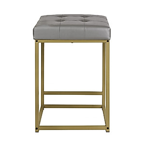 GIA 24-Inch Counter Height Square Metal Stool with Footrest and Tufted Gray Vegan Leather Upholstery, Gold Frame, Qty of 1