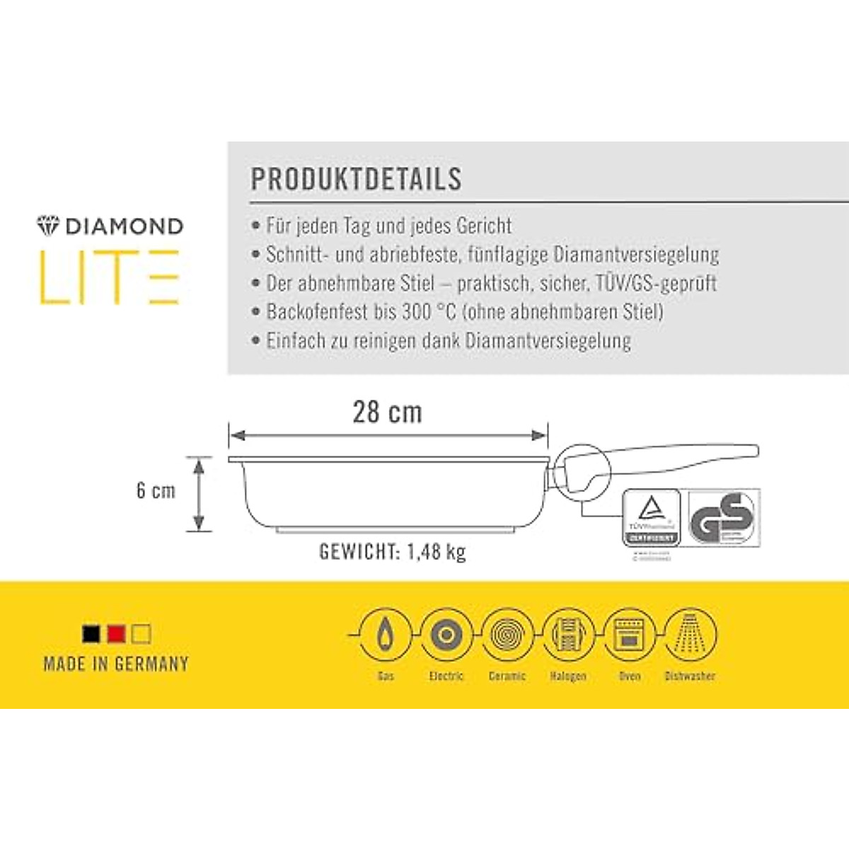 Woll Diamond Plus Square Nonstick Fry Pan with Detachable Handle, 11-Inch