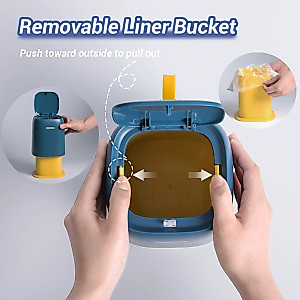 GILIF Tiny Desktop Trash Can with Lid,Mini Waste Bin with Push Button Cover with 90pcs Trash Bags,Modern Cute Small Little Plastic Countertop Garbage Bin for Car,Bathroom,Kitchen,Laundry Room (Blue)