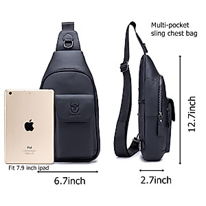 BULLCAPTAIN Men Genuine Leather Shoulder Sling Bag Daypack Casual Multi- pocket Crossbody Chest Bag Travel Hiking Backpacks (Black)