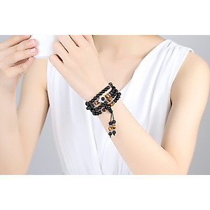 COAI 108 Mala Beads Black Obsidian Tiger Eye Stone Hamsa Hand Bracelet Necklace