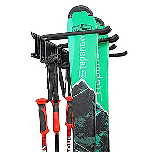 Ski Wall Rack, Holds 4 Pairs of Skis & Skiing Poles or Snowboard, for Home and Garage Storage, Wall Mounted, Heavy Duty, Adjustable Rubber-Coated Hooks