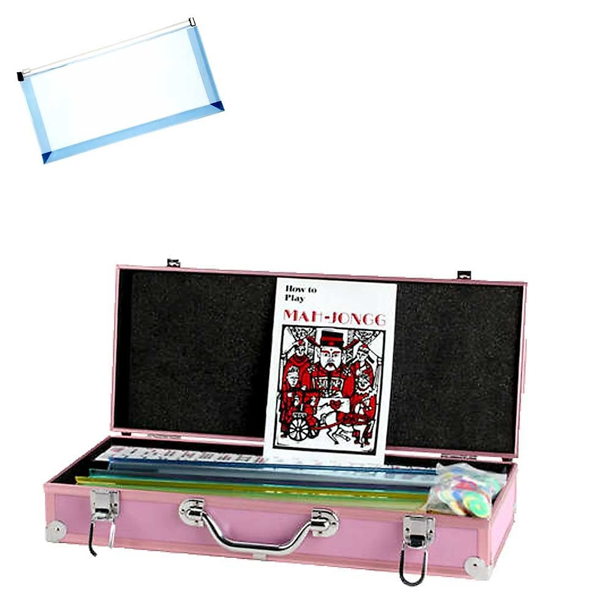 OMURA Games | Mah Jong Set in Pink Aluminum Case with Pushers | Bonus: Multi-Purpose #10 Size Pouch (Color May Vary)