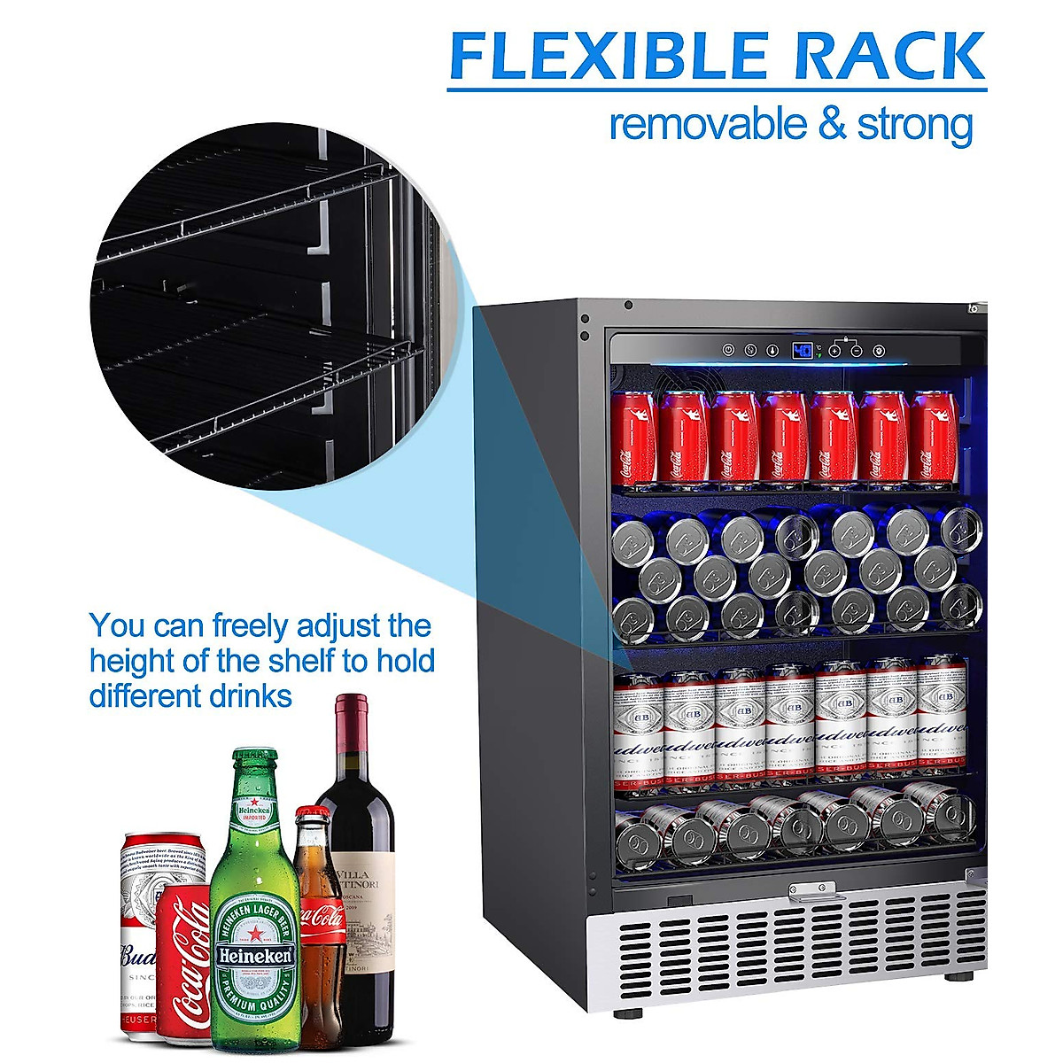 AAOBOSI 24 Inch Beverage Cooler, 164 Cans Freestanding and Built-in Beverage Refrigerator with Advanced Cooling System, Adjustable Shelf, Energy Saving, Ideal for Soda, Water, Beer, Wine