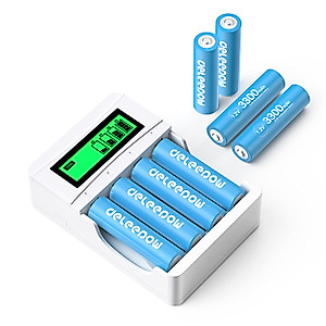 Deleepow 8 AA NiMH Rechargeable Batteries 3300mAh, 1.2V High Capacity 1200 Cycles Precharged, with LCD Display Charger, for Household, Cordless Phones, Remote Controls, Electronics