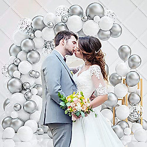 RUBFAC 105pcs White and Silver Confetti Balloons Garland Kit, White Metallic Silver and Silver Confetti Party Balloons for Birthday, Graduation, Wedding Party Decoration