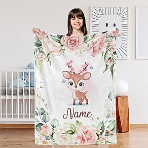 D-Story Personalized Baby Blankets for Girls, Custom Deer Childish Throw Blanket with Baby Name Custom Baptism Kids Blanket for Newborn Girls Baby Gift(30"x40")