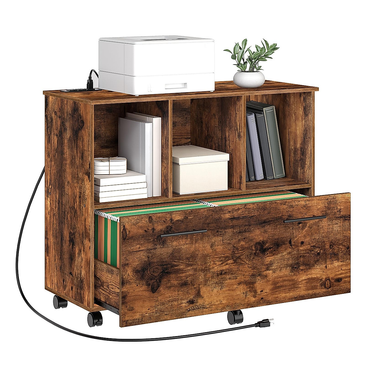 HOOBRO Wooden File Cabinet, Filing Cabinet with Charging Station, Mobile Lateral Home Office Cabinet, Rolling Printer Stand with 3 Open Compartments and Drawer, A4, Letter Size, Rustic Brown FG22UWJ01