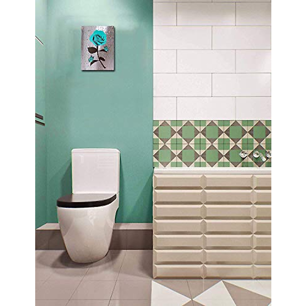 Rtriel Teal Rose Canvas Wall Art Turquoise Blue Flower Prints Contemporary Black and White Pictures for Bathroom Wall Decor 12 x 16 Inch