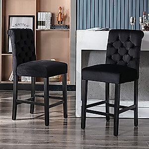 DM Furniture DM-Furniture Counter Height Barstools 26'' Velvet Bar Stools Modern Upholstered Kitchen Island Wood Chairs for Home Pub/Bistro/Coffee House (Set of 4, Black) Velvet, Black