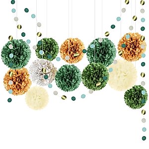 MEIYKO 15PCS Sage Green Tissue Paper Pom Poms with Paper Garland String Hanging Backdrop for Jungle Safari Woodland Baby Shower, Bridal Shower, Wedding Shower, Engagement, Birthday Party Decorations