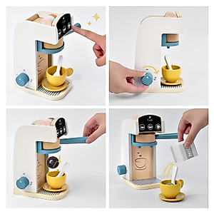 PairPear Kids Wooden Toys Coffee Maker Toy Espresso Machine Playset - Toddler Play Kitchen Accessories Gift for Girls and Boys