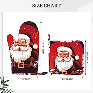 Santa Claus Christmas Printed Oven Mitts and Pot Holders Sets Heat Resistant Kitchen Oven Gloves Potholders Set Extra Long Non-Slip Silicone Gloves for Cooking Baking BBQ