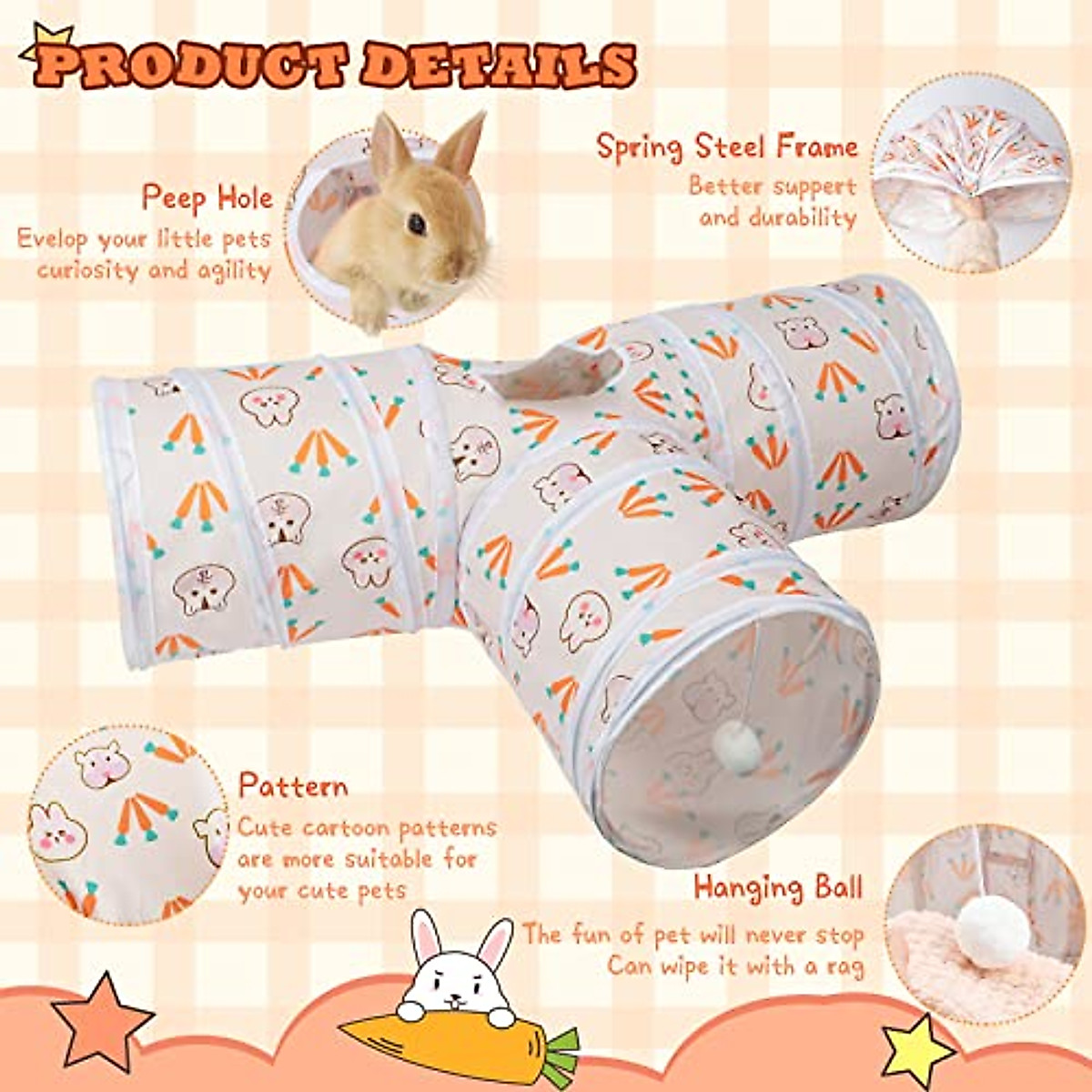 BWOGUE Bunny Tunnels & Tubes Collapsible Carrot Bunny Hideout Extra Large Small Animal Tunnel Toys for Dwarf Rabbits Bunny Guinea Pigs Kitty