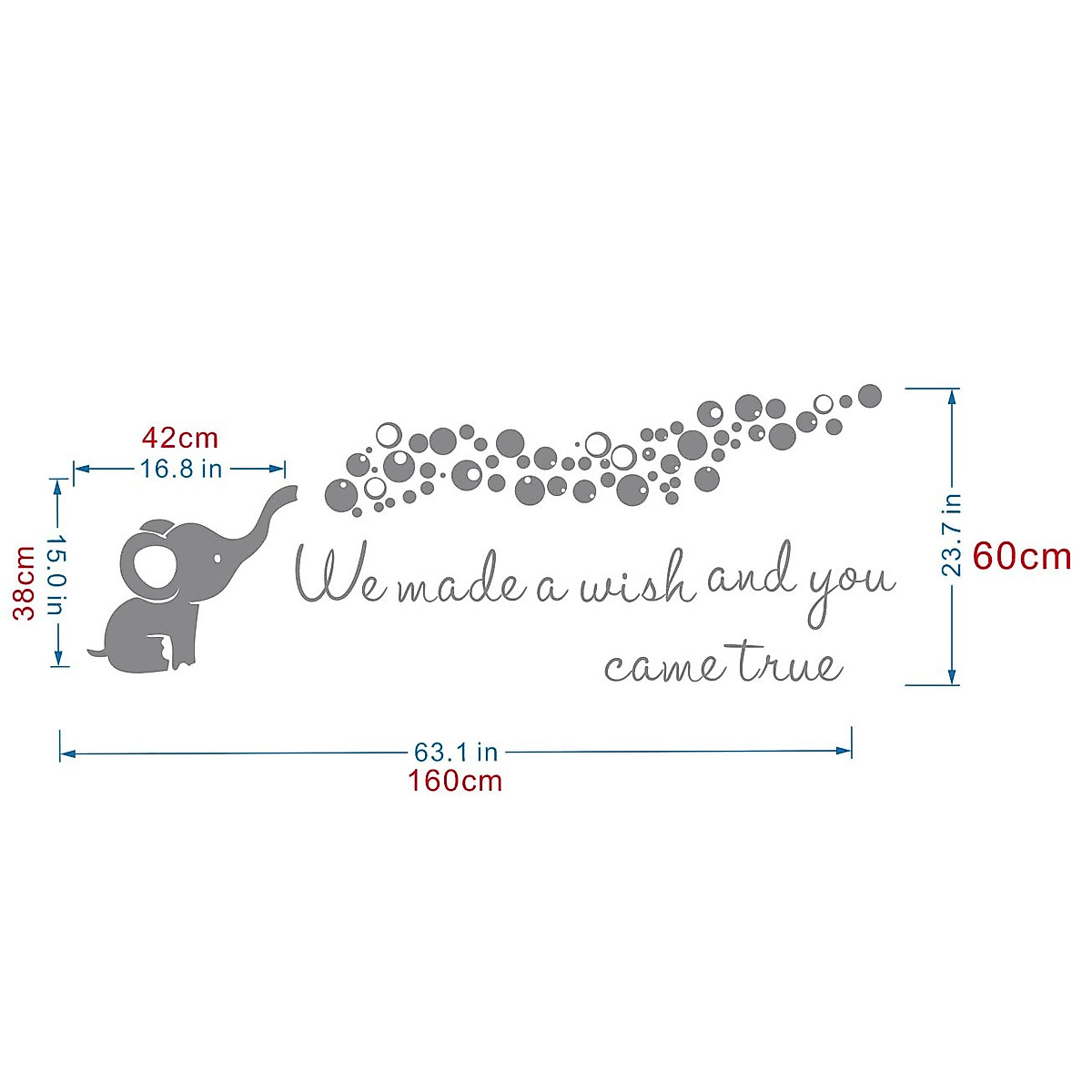 Home Nursery Room Wall Decor Sticker Baby Elephant Blowing Bubble Wall Sticker Vinyl Wall Decal Quotes We Made a Wish and You Came True Kids Bedroom Wall Mural AFN100 (Gray)