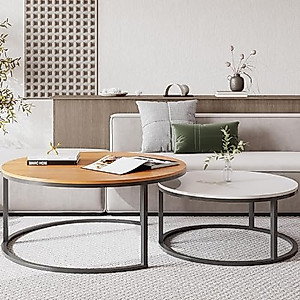 ODIKA 31.5'' Modern Round Nesting Coffee Tables (Set of 2), Stacking Living Room Accent Tables with Industrial Wood Finish & Metal Frame, Brown/White Tops, Space-Saving, Easy Assembly & Cleaning
