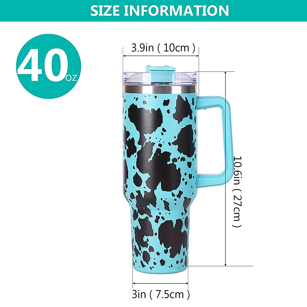 MKent 40oz COWPRINT Insulated Tumbler Trendy Stainless Steel Large Tumbler With Handle & Straw Lid,Travel, Leak Proof Tumblers Cup,Keeps Drinks Cold/Hot for 6Hrs (Lake Green Cow Print)