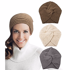 3pcs Womens Winter Hats, Beanie Hat for Women, Knit Hat Slouchy Beanies Wool Hat, Warm Turban Hat Thick Chemo Caps for Cancer Patient, White Gray Brown