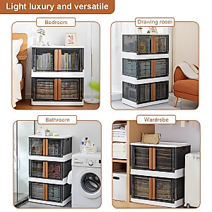 T&Jero 19 Gal Collapsible Storage Bins with Lids and Wheels, Stackable Plastic Closet Organizer with Doors, Foldable Storage Container for Dorm Room Organizing, 3 Pack