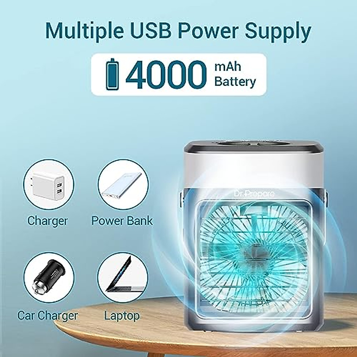 Dr. Prepare Portable Air Conditioner Rechargeable Personal Evaporative Air Cooler with 3 Powerful Speeds, Timer and 7 Color Night Light, Small Desk Cooling Fan for Room, Home, Office, Camping