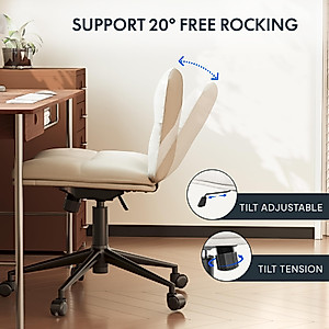 FLEXISPOT Cross Legged Office Chair Armless Desk Chair Comfy Wide Seat Criss Cross Chair with Wheels Vanity Chair for Living Room Bedroom Study Room(White Light Beige)