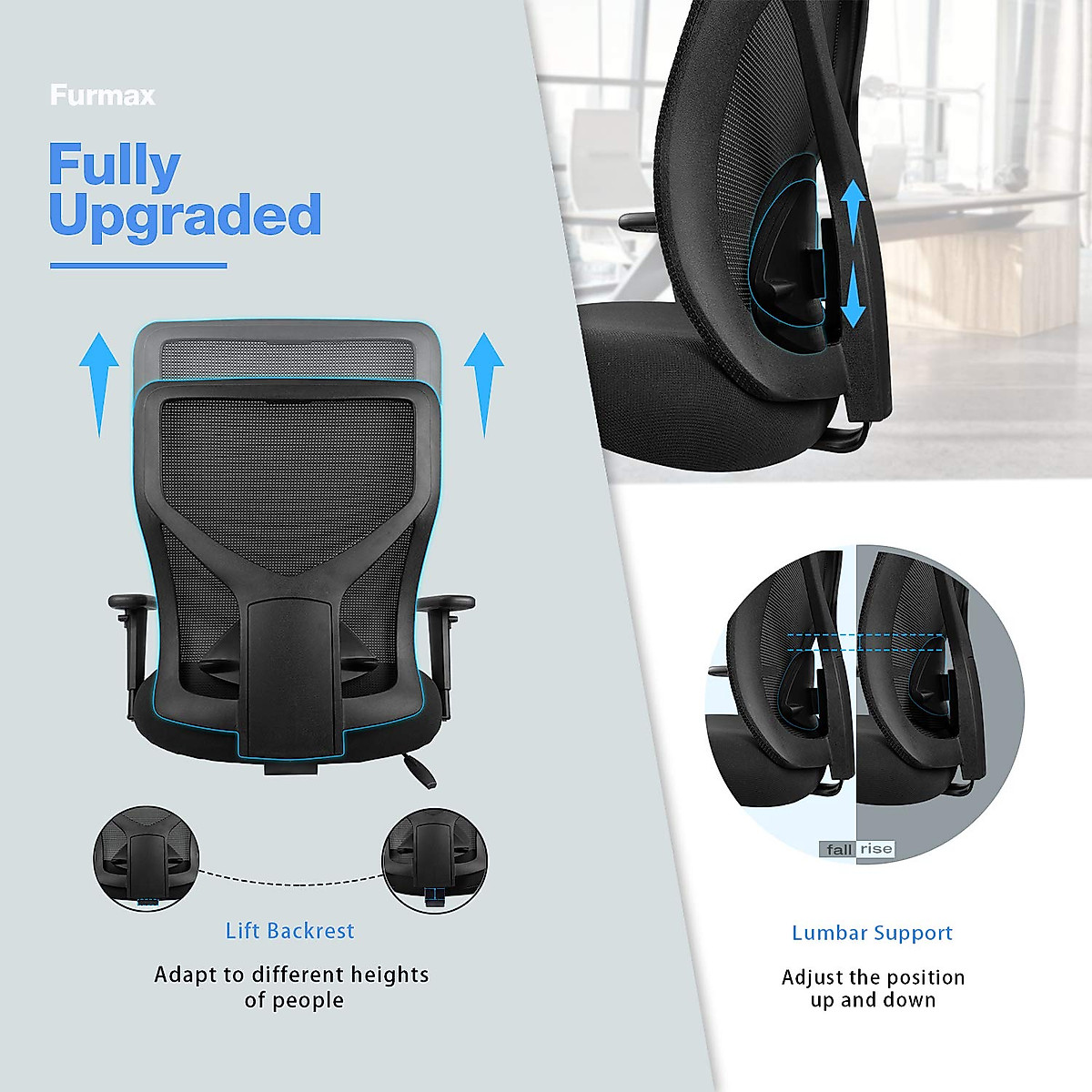 Furmax Big and Tall Office Chair Mesh Ergonomic Office Chair Swivel Computer Chair with Adjustable Back and Lumbar Support High Back Task Chair with Armrests (Black)