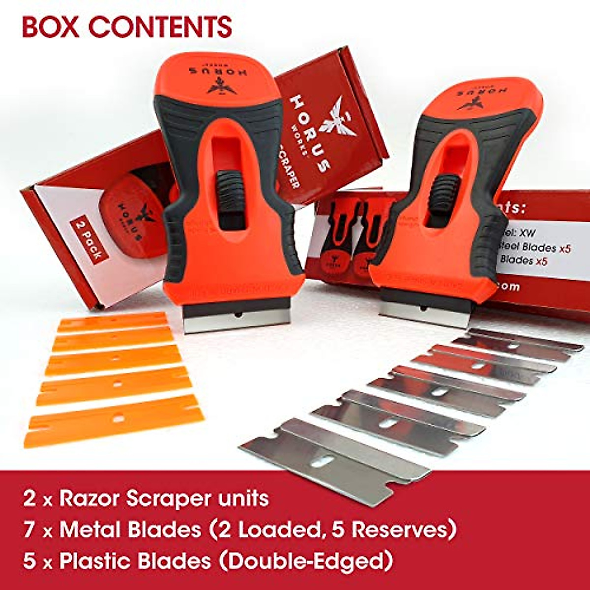 Razor Blade Scraper Set of 2 – Multi-Purpose Razor Scraper Designed to Remove Labels, Stickers, Decals, Caulk, Adhesive, Paint - Bonus Steel and Plastic Blades for Heavy Duty and Delicate Cleaning