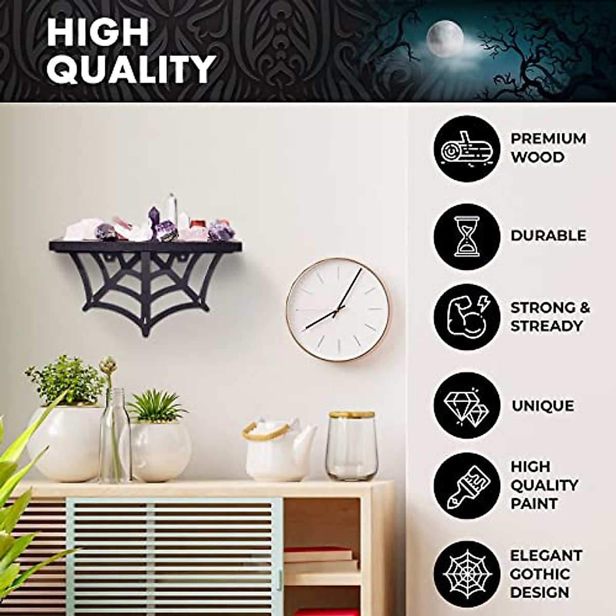 CEFRECO Spider Web Floating Shelf - Gothic Halloween Hanging Shelf with Hooks for Wall Oddities and Curiosities - Black Spooky Goth Wall Decor for Kitchen and Home - Crystal Display Shelf for Stones