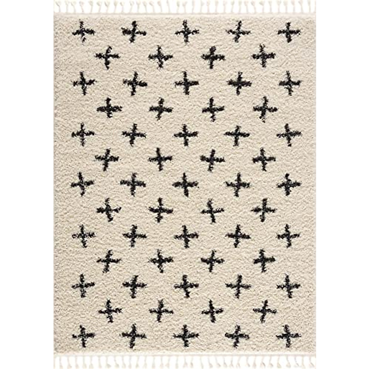 Hauteloom Alstead Farmhouse Swiss Cross Geometric Shag Area Rug - Fluffy High Pile Super Soft Rug with Tassels for Living Room, Bedroom, Dining Room - Cream, Beige, Black - 3'11" x 5'7"