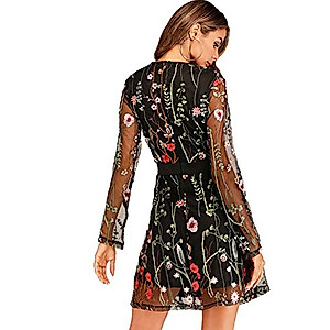 Milumia Women's Floral Embroidery Mesh Round Neck Tunic Party Dress Black Small