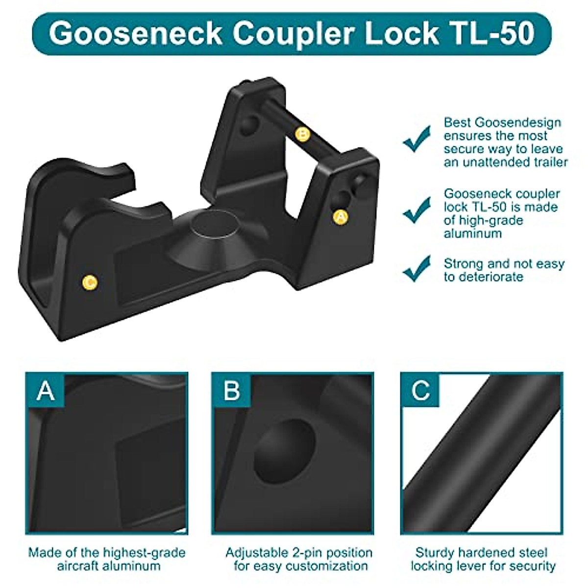 MARKETTY Gooseneck Trailer Lock, Gooseneck Lock Model TL-50 Coupler Lock, Gooseneck-Style Coupler Lock is Intended for Use with Heavy Trailers, Livestock Haulers, and RVs TL-50-Black