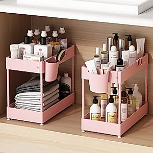 NYYTGE Double Sliding Under Sink Organizer, 2 Tier Bathroom Organizer with 1 Cup 4 Hooks, Multi-purpose Under Cabinet Storage Rack, Under Sink Organizers and Storage for Home Kitchen Organization