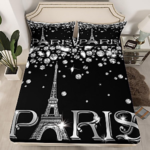 Eiffel Tower Sheet Set Full Size,Romantic Paris Tower Bed Sheets for Teens Adult,Gradient Diamond Bedding Set,Black White Sparkles Sequins Valentines Fitted Sheet + Top Sheet + 2 Pillow Shams