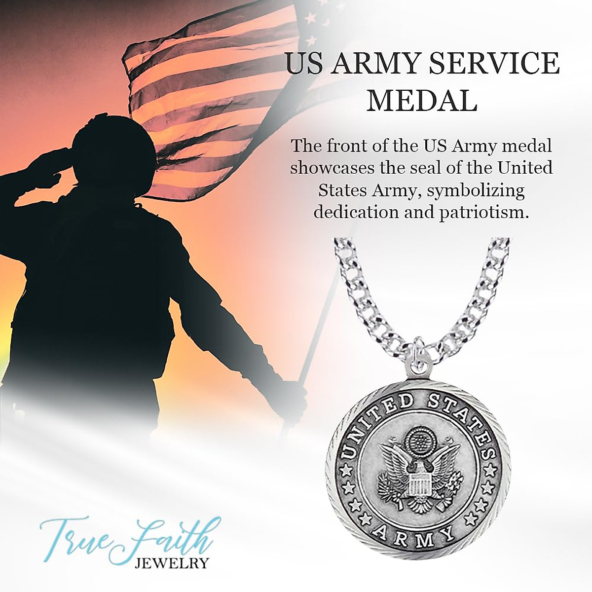 TrueFaithJewelry Sterling Silver United States Army Service Medal with St Michael Patron Saint Archangel Pendant Necklace, 3/4 Inch