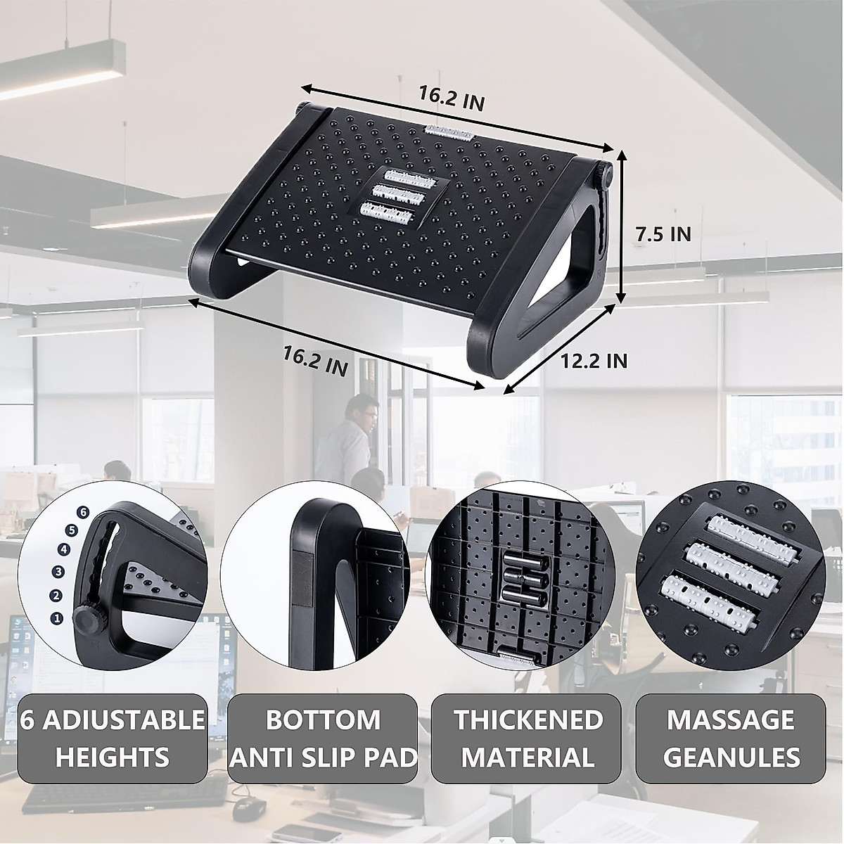 DISFAT Foot Rest Under Desk, Ergonomic 6-Height Adjustable footrest with Massage Rollers Portable Under Desk Foot Stool for Home,Office, Black