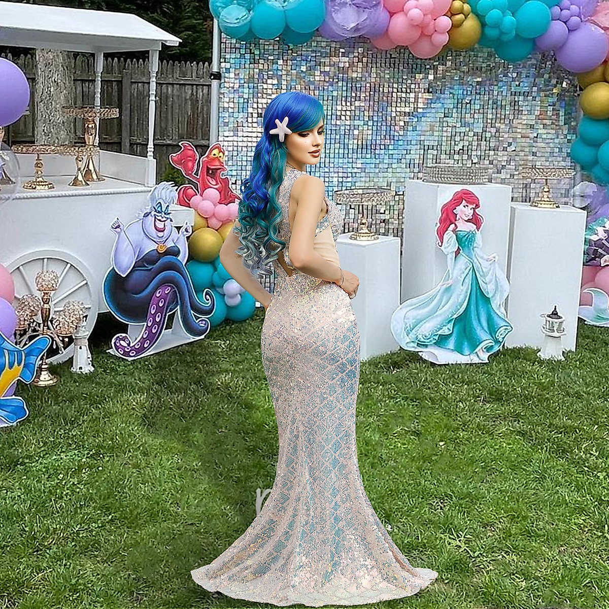 7JHH WIGS Long Wavy Costume Wigs Cosplay Mermaid wig for Women Halloween Party Used High Temperature Heat Resistant Fiber Natural Hairline Cos I Love Lucy Wig (28in, Blue Purple Mermaid Ombre Wig)