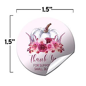 Beautiful Pink Floral Pumpkin Fall & Autumn Thank You Customer Appreciation Sticker Labels for Small Businesses, 60 1.5" Circle Stickers by AmandaCreation, for Envelopes, Postcards, Direct Mail, More!
