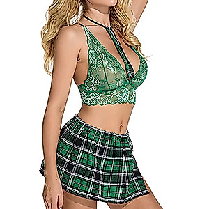 School Girl Lingerie for Women Sexy Roleplay Student Costumes Outfits Bra and Panty Set with Tie and Mini Plaid Skirt 4 Piece