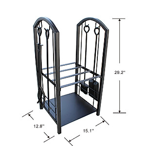 Everflying Fireplace Log Rack with 4 Tools Indoor Outdoor Fireside Firewood Holders Lumber Storage Stacking Black Wrought Iron Logs Bin Holder for Fireplace Tool