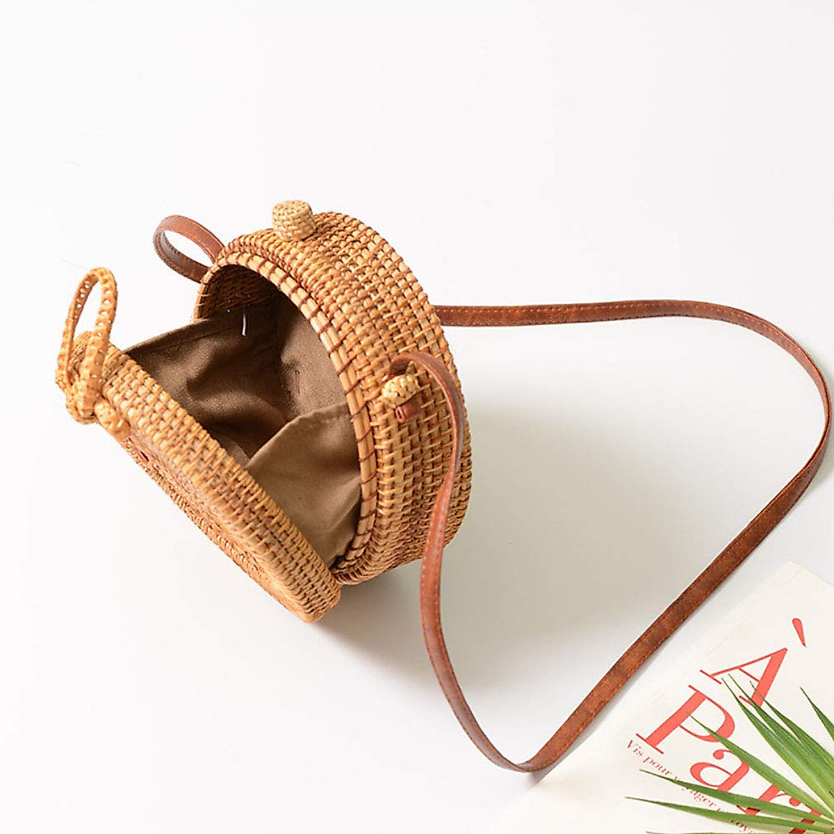 BaellerryRound Woven Ata Rattan Bag Summer Beach Shoulder Bag for Women, Beige, Medium