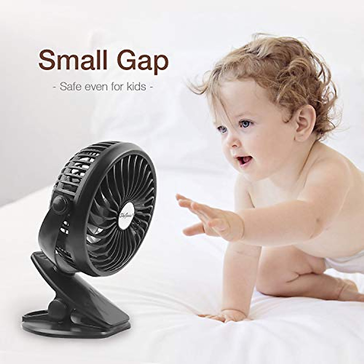 AJOYEUX Battery Operated Clip on Fan, Portable Rechargeable Personal fan (5 inch) for stroller, camping, cart seat, gym, Black
