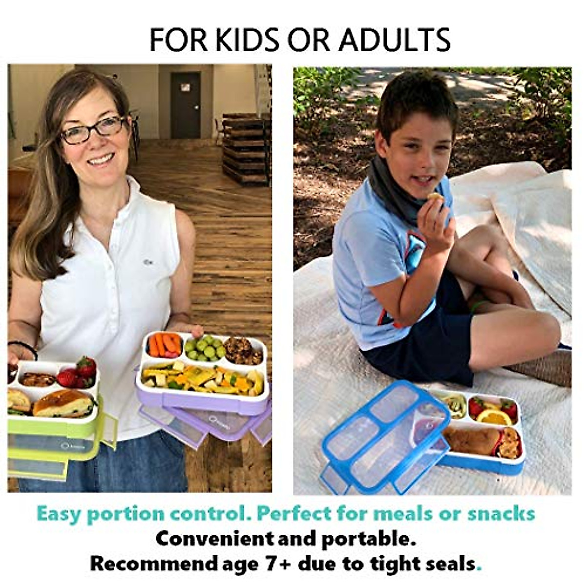 Bento Lunch Box Kids & Adult: Leakproof Lunch Containers for Boys & Girls with 3 Compartments - School, Daycare, Meal Planning Portion Control Container, BPA-Free Boxes, Utensils | Blue Purple 2 pack