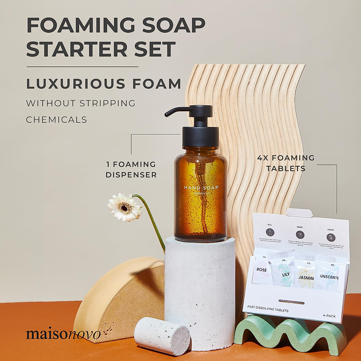 MaisoNovo 14 oz Amber Glass Foaming Soap Dispenser with Black Pump + Mixed 4 Pack Foaming Hand Soap Refill Tablets