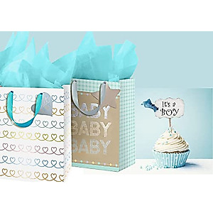 YE GIVING Baby Gift Bags With Tissue, 8"x4"x10" 4 Pack. 4 Designs. Gift Bag Set for New Baby, Includes Tissue Paper And Tags.