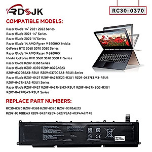 RC30-0370 61.6Wh Laptop Battery for Razer Blade 14 2021 2022 RZ09-0370 RZ09-0368 RZ09-0427 RZ09-0370AE23-R3U1 RZ09-0370BEA3-R3U1 RZ09-0370CEA3-R3U1 RZ09-0427EE23-R3U1 RZ09-0427EEM3-R3U1 RZ09-0427PEA3