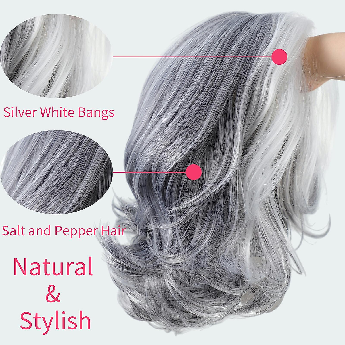 RENERSHOW Mid-length Grey Wavy Bob Wigs for Women Short Gray Curly Wig Synthetic Salt and Pepper Wigs Average Size Realistic Natural Daily Party Wigs for Older Women with Silver White Bangs(10-12inch)