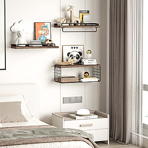 RYOFOBETTO Bathroom Shelves, Floating Shelves Over Toilet Paper Holder, Wall Mounted Rustic Wood Storage Basket Shelves for Bedroom, Living Room & Kitchen, Set of 3 (Brown)