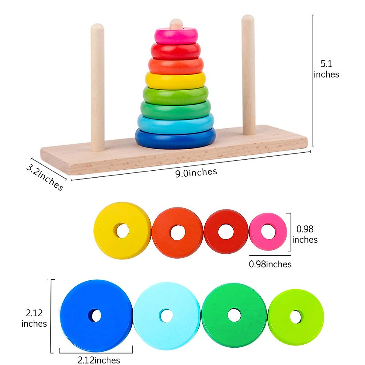 GYBBER&MUMU Wooden Towers of Hanoi (8 Rings) Rainbow Blocks Toy with Storage Box for Kids 3 Years and Up