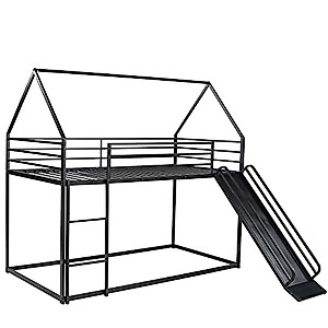 Tidyard Twin Over Twin House Bunk Bed with Ladder and Slide,Black for Bedroom Dorm Guest Room Home Furniture